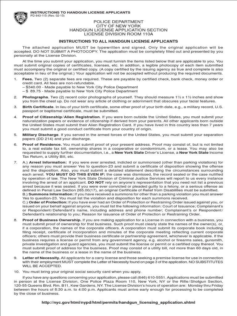 NYC Handgun License Application Guide | PDF | Restraining Order | Arrest