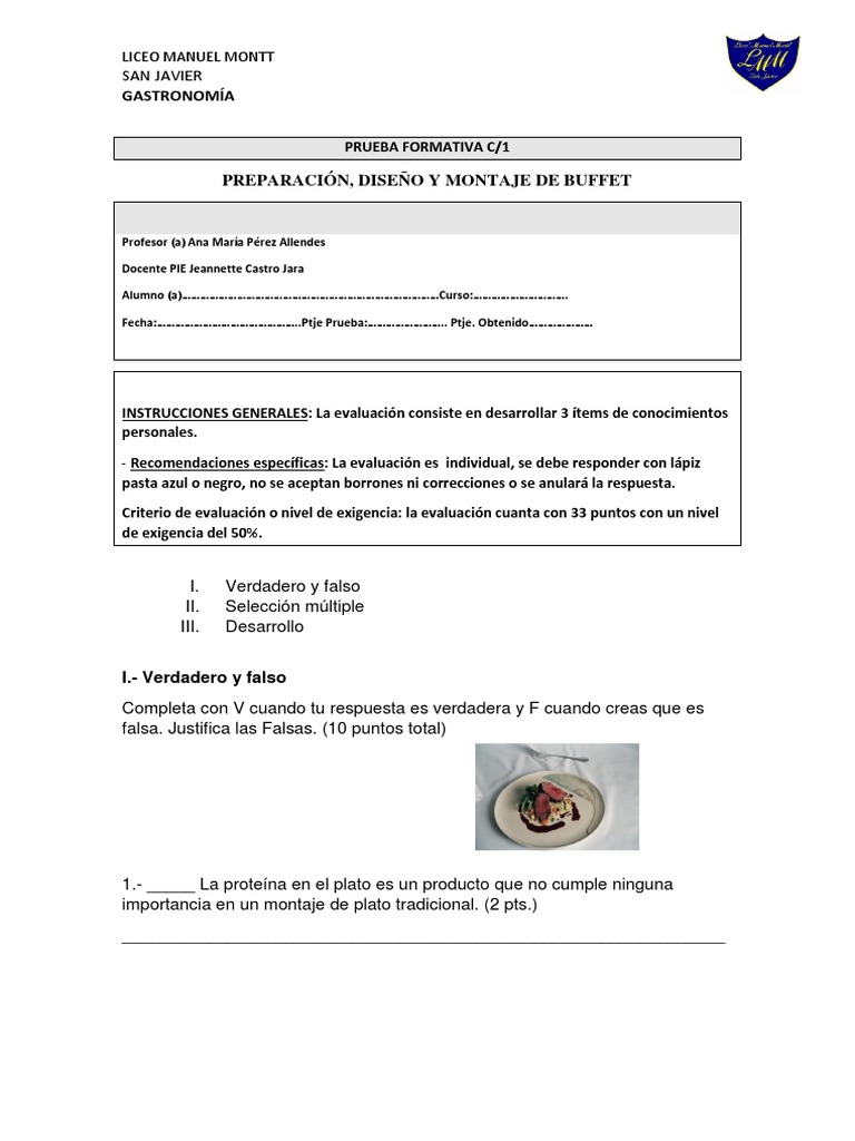 Prueba N1 Preparación, Diseño y Montaje de Buffet | PDF | Alimentos