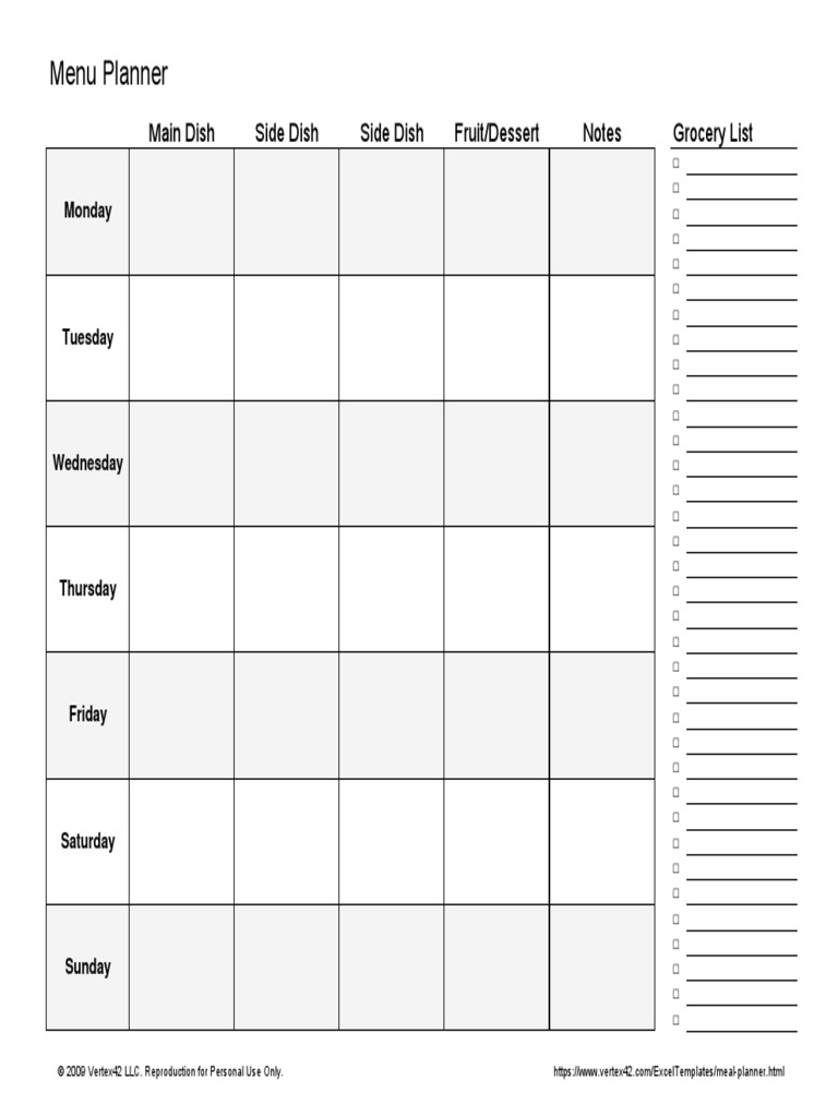 Menu Planner: Main Dish Side Dish Side Dish Fruit/Dessert Notes Grocery ...