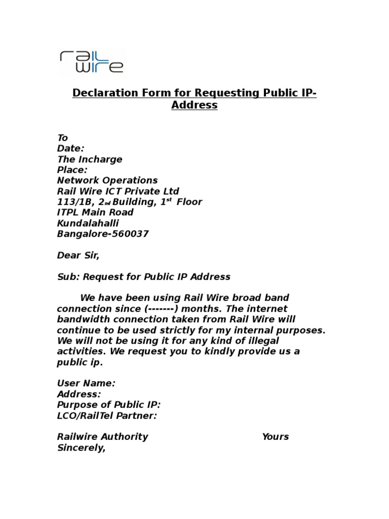 Railwire Application Form For Static Ip Allocation Pdf Ip Address