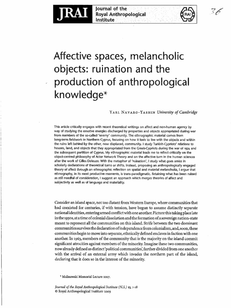 Navaro-Yashin, Yael. Affective Spaces, Melancholic Objects... | PDF
