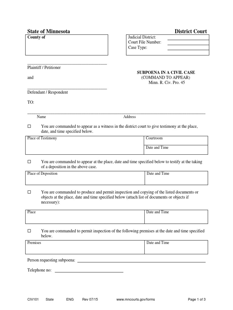 Subpoena in A Civil Case - Minnesota - Form CIV101 | PDF | Subpoena ...