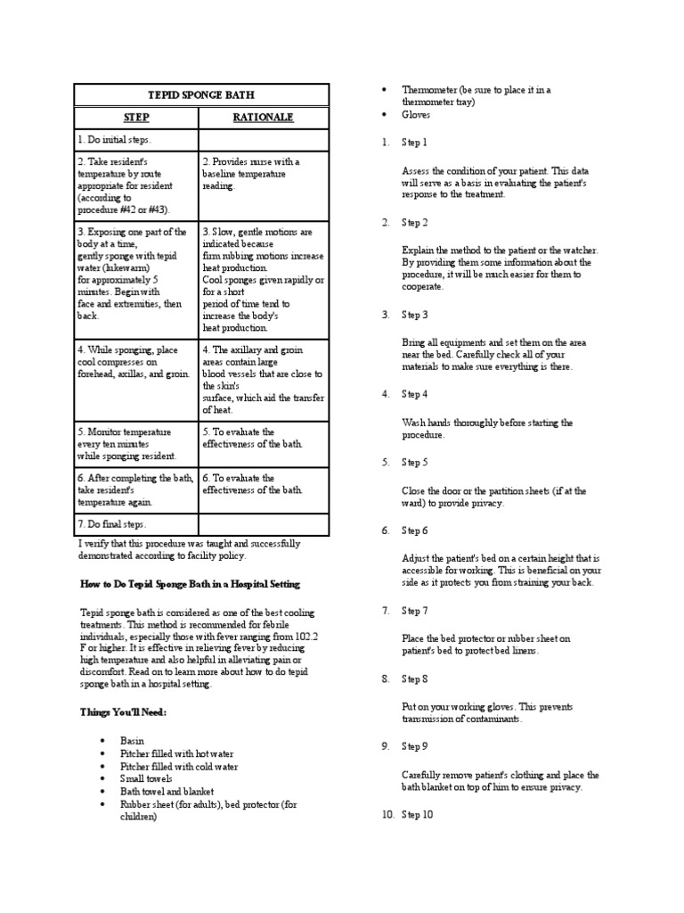 Tepid Sponge Bath | PDF | Fever | Patient