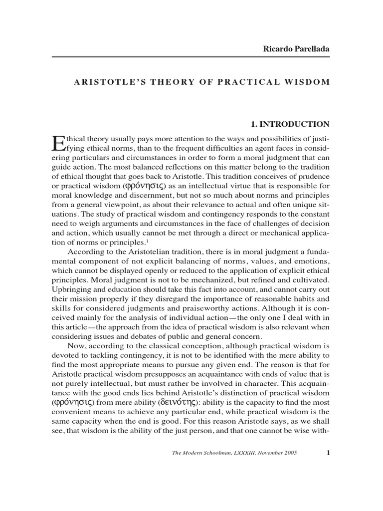 Aristotle's Theory of Practical Wisdom - Ricardo Parellada PDF | PDF ...