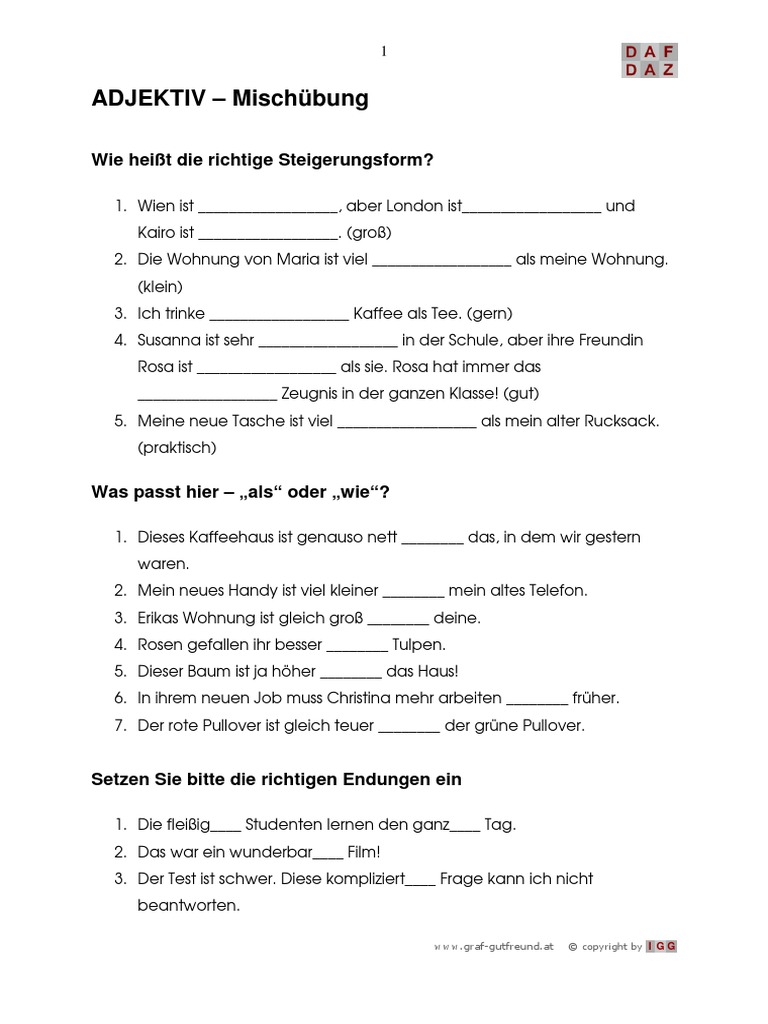 Adjektive, Steigerung Und Deklination Übungen PDF | PDF