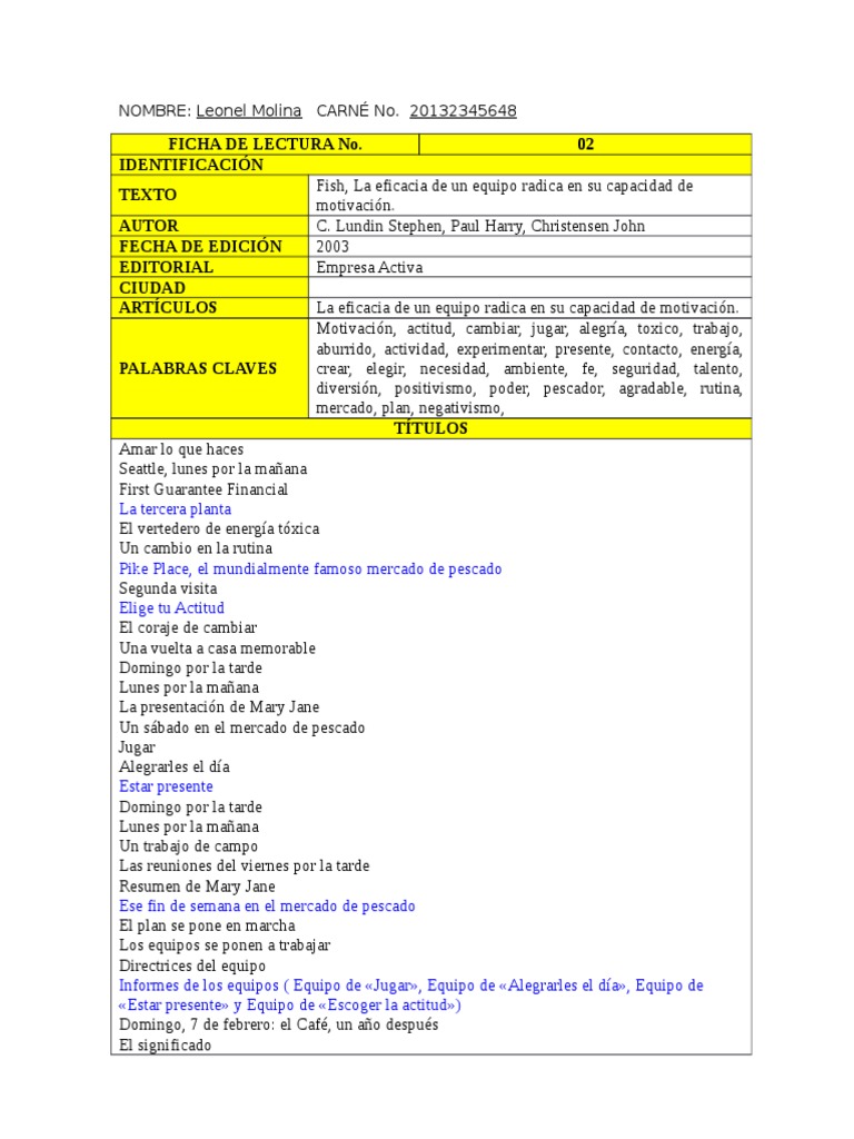 Ficha de Lectura - Libro Fish | PDF | Actitud (psicología) | Plantas