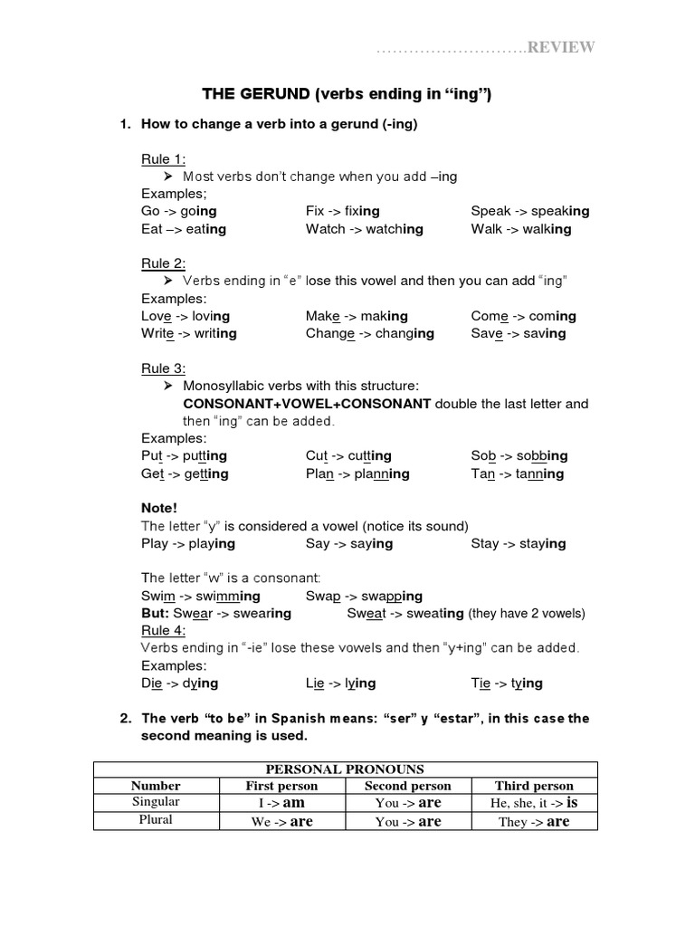 THE GERUND (Verbs Ending in "Ing") : .REVIEW | PDF | Grammatical Number ...