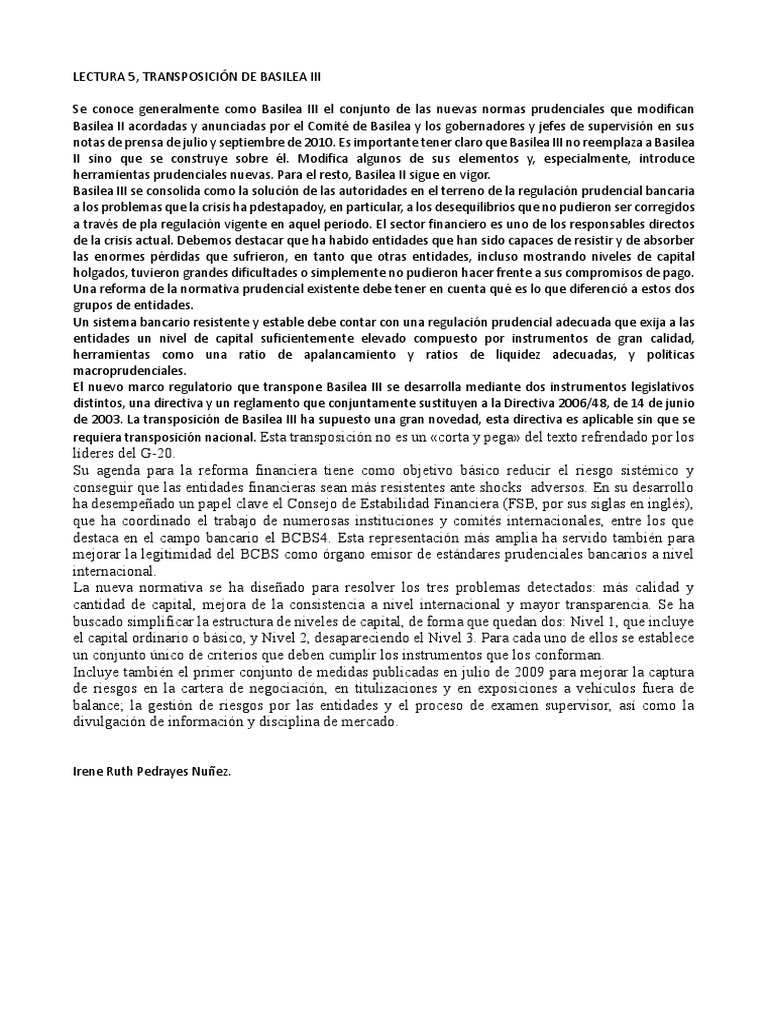 Resumen Lectura 5 | PDF | Basilea Iii | Basilea Ii