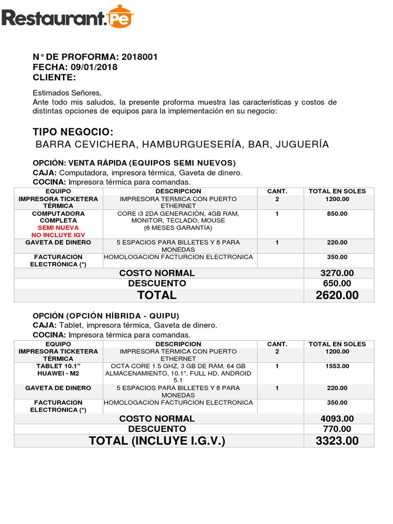Proforma Equipos Informáticos Por Tipo Negocio - Restaurant - Pe - q1 ...