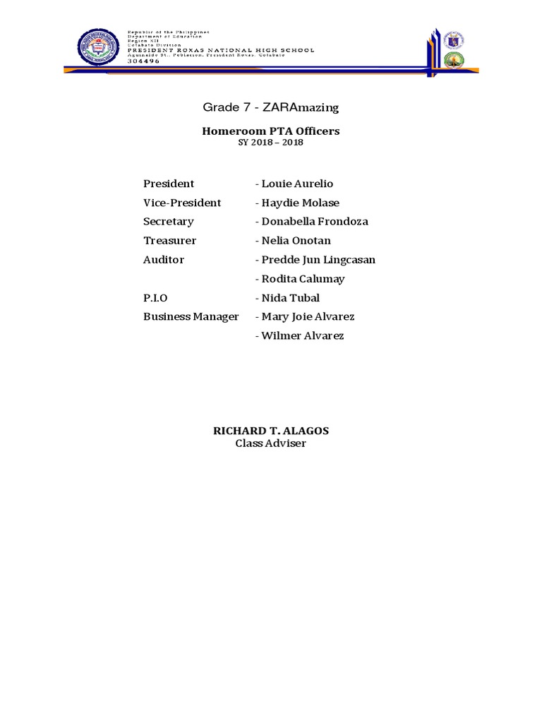 Grade 7 - ZARA Mazing: Homeroom PTA Officers | PDF | Schools