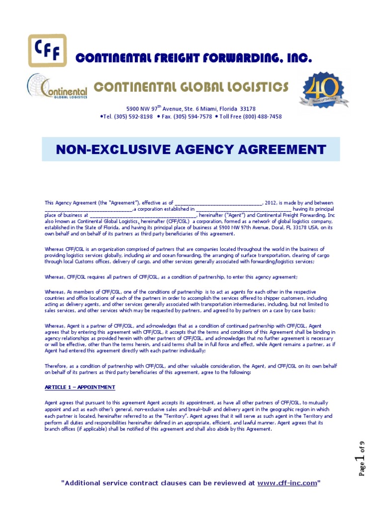 CFF Agency Agreement Rev 6-8-14 | PDF | Cargo | Law Of Agency