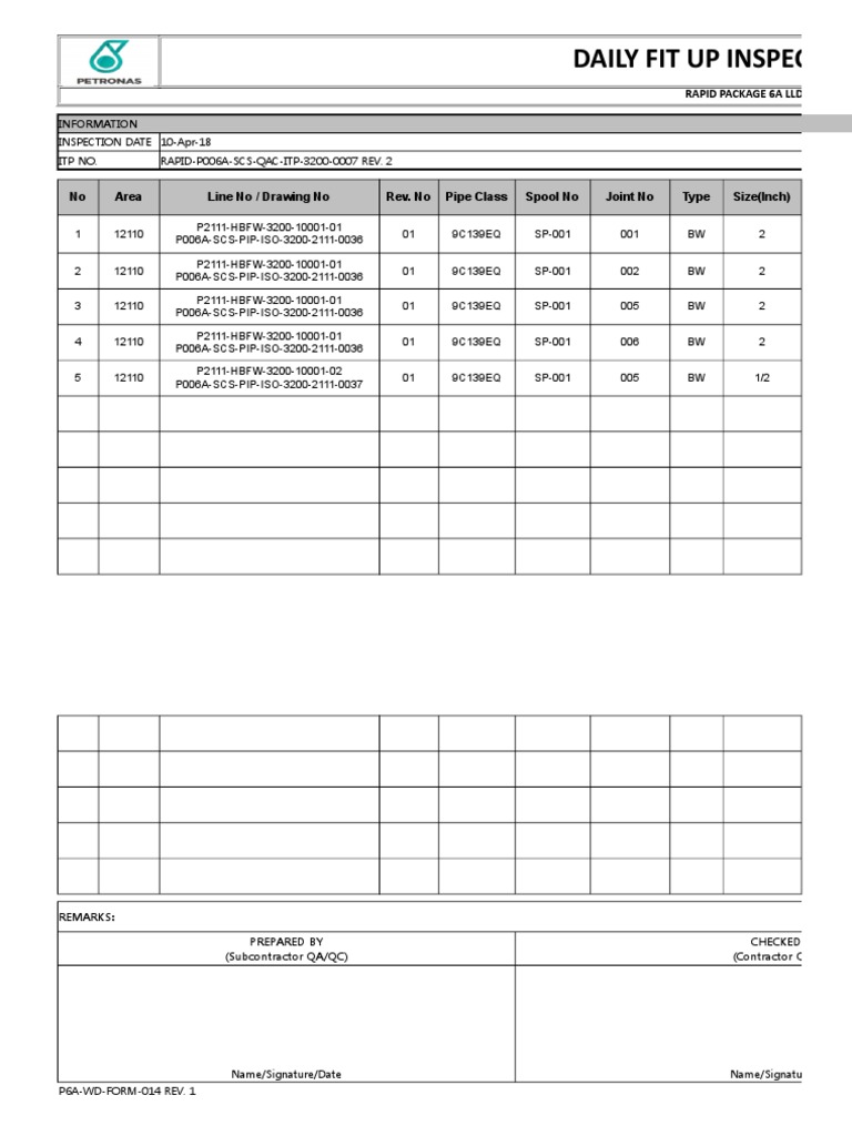 RFI-3410 - Daily Fit Up Inspection Report-OK | PDF | Pipe (Fluid ...