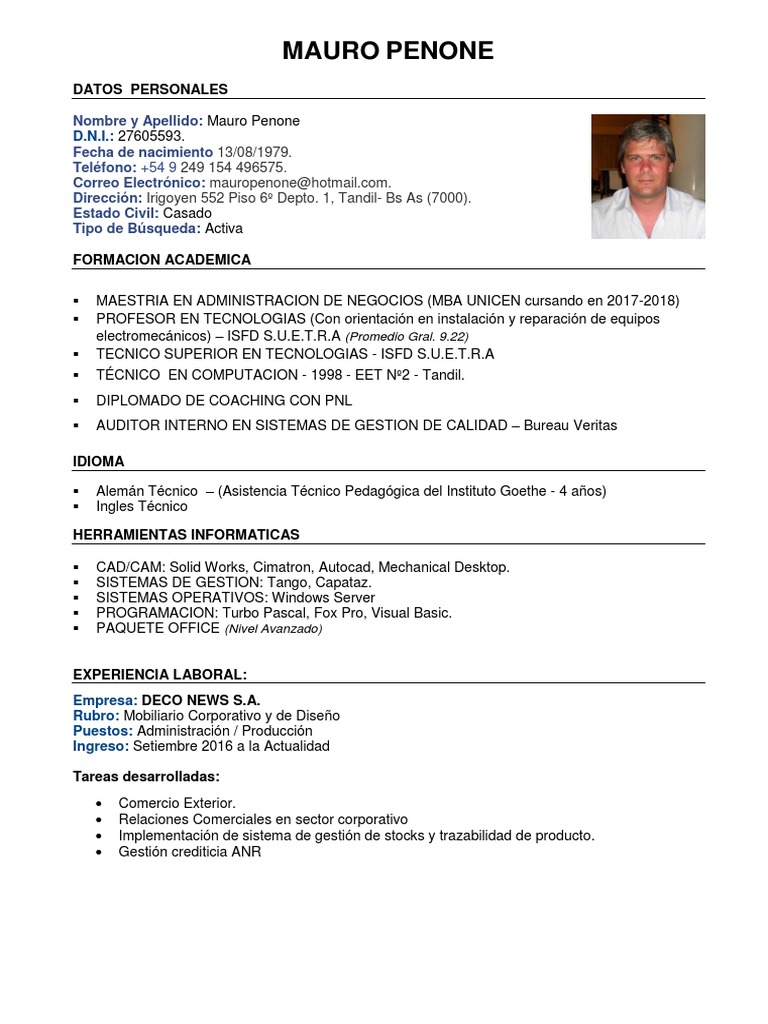 CV Mauro Penone PDF | PDF | Calidad (comercial) | Producción y fabricación