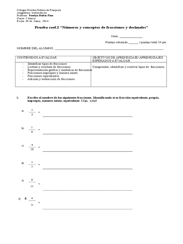 Prueba Fracciones 5 Basico | PDF | Fracción (Matemáticas) | Matemática ...