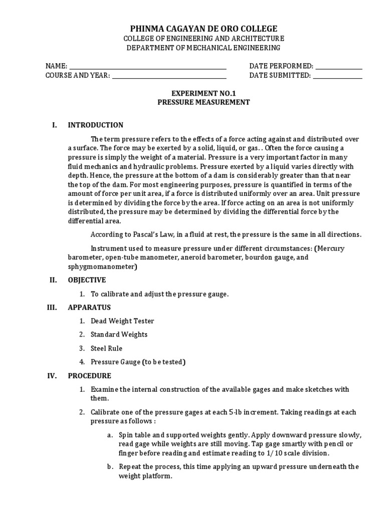 ME Laboratory 1 - Experiment No. 01 | Download Free PDF | Pressure ...