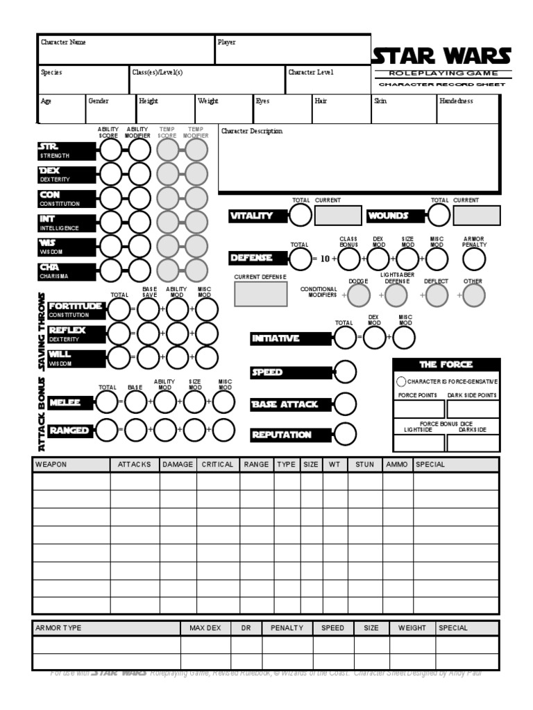 Star Wars: STR Dex Con Int Wis CHA Vitality Wounds | PDF
