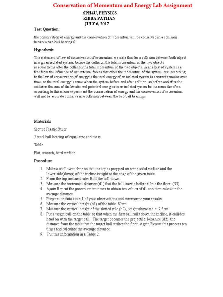 00 Conservation of Momentum and Energy Lab Assignment | PDF | Collision ...