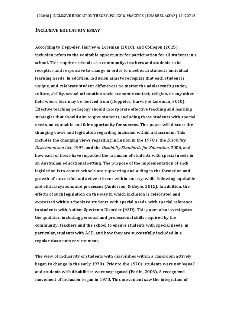 Nclusive Education Essay: Discrimination Act, 1992, and The Disability ...