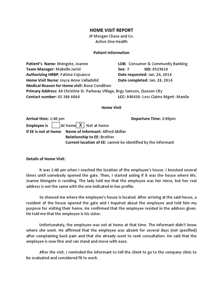 Home Visit Report (Sample) | PDF | Health Sciences | Medicine