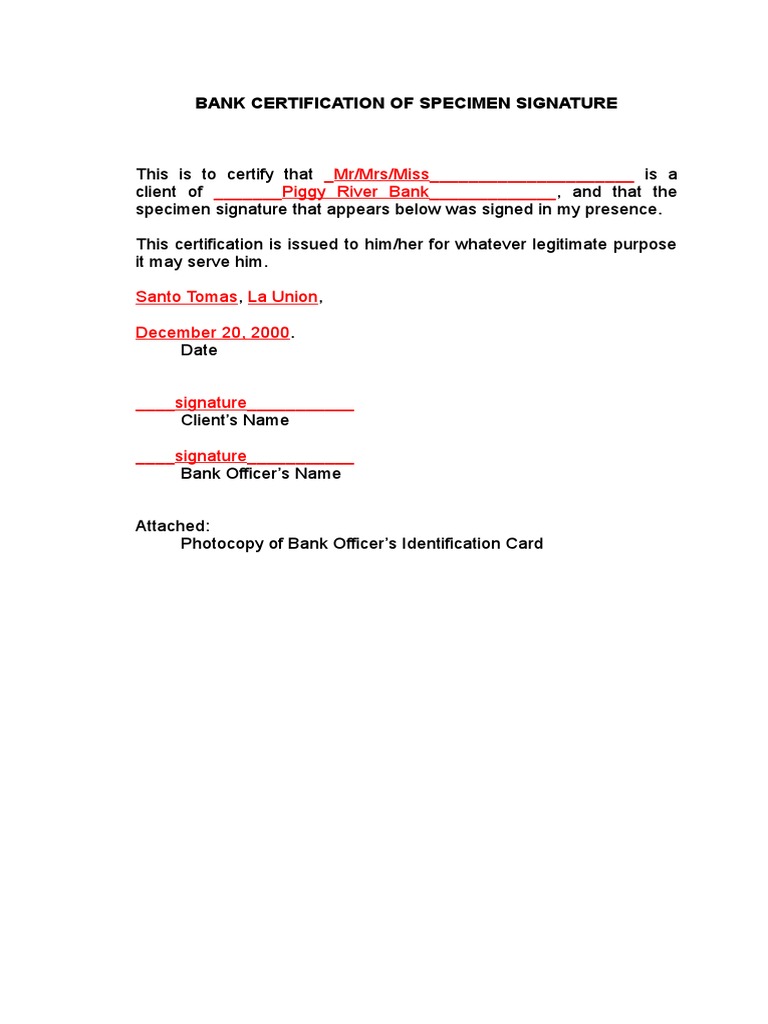 Bank Certification of Specimen Signature | PDF