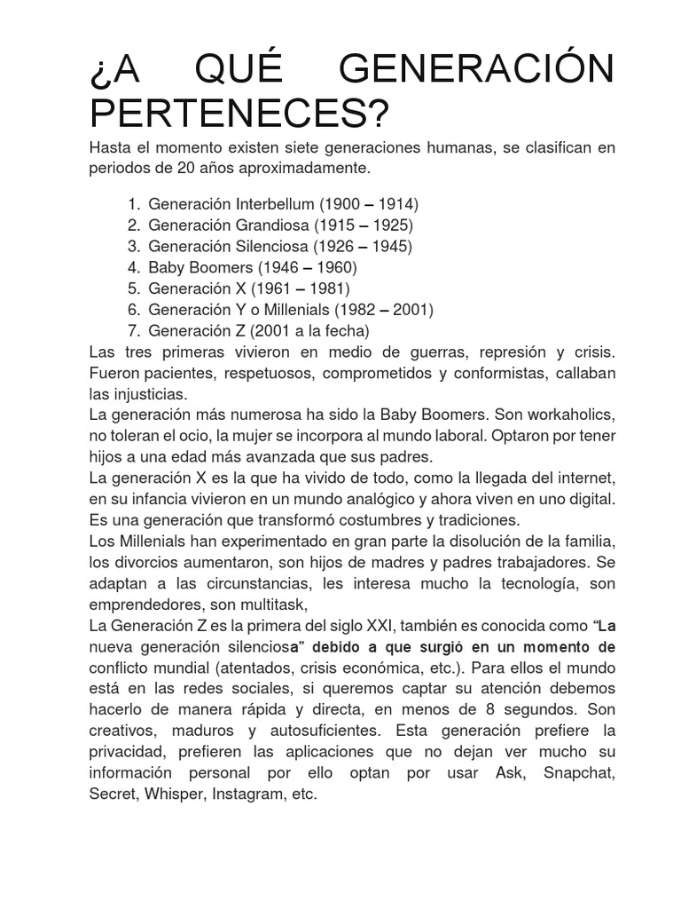 A Qué Generación Perteneces | PDF | Millennials | Baby Boomers