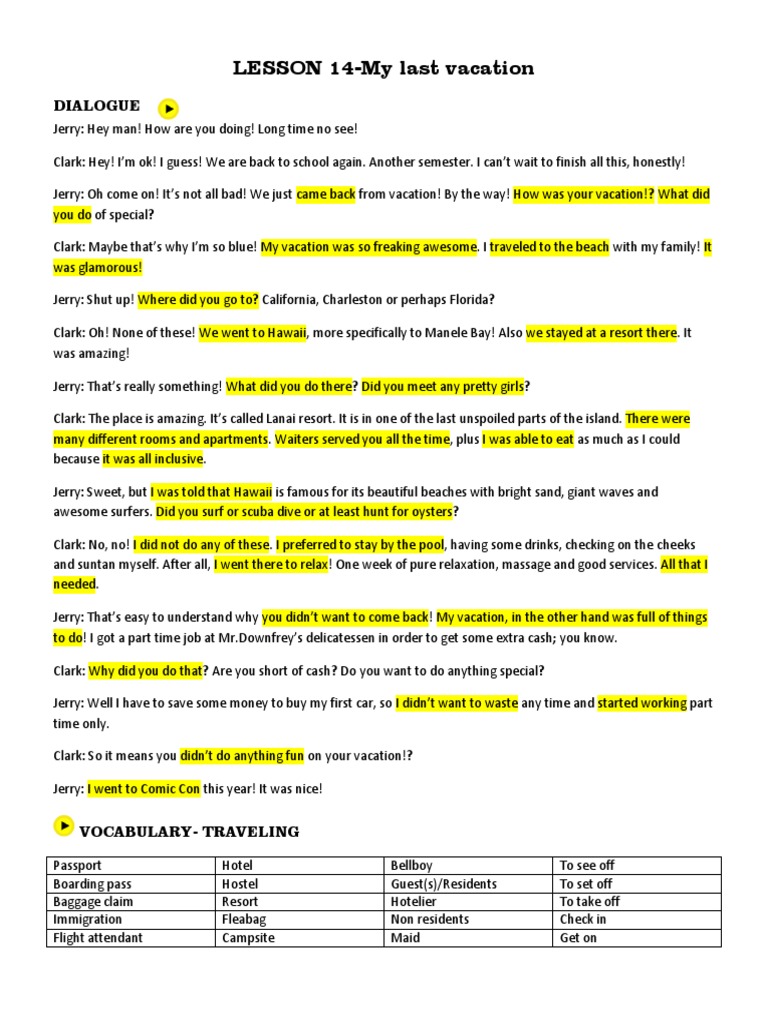 LESSON 14-My Last Vacation: Dialogue | PDF | Verb | Grammar