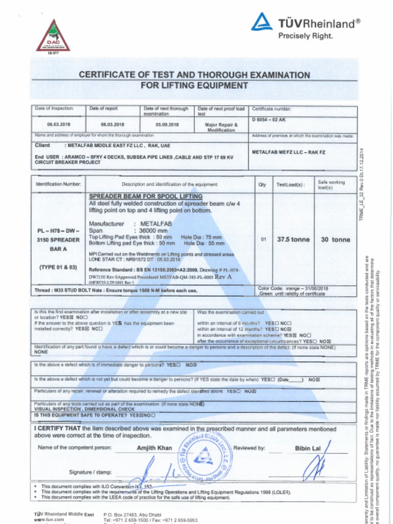 Load Test Report For Spreader Bar A & B | PDF