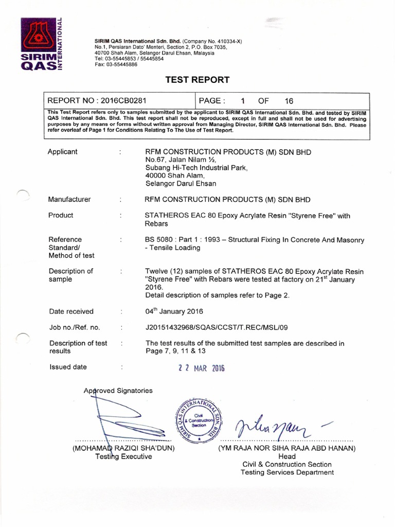 Statheros Eac80 Sirim Test Report - Rebars | PDF