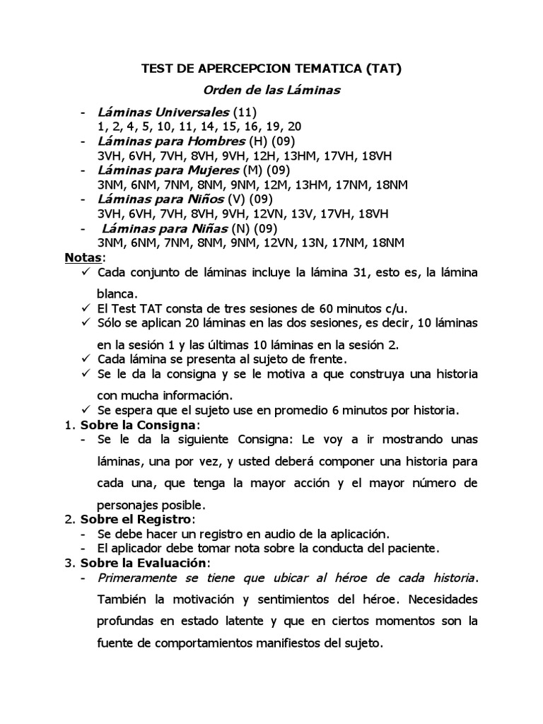 Orden de Las Láminas Test de Apercepcion Tematica Tat | PDF