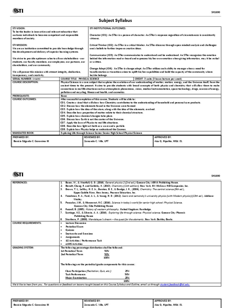 SH1690 Physical Science Syllabus and Subject Outline | PDF | Molecules ...