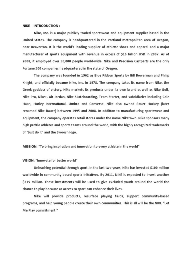 Nike - Introduction: Nike, Inc. Is A Major Publicly Traded Sportswear ...