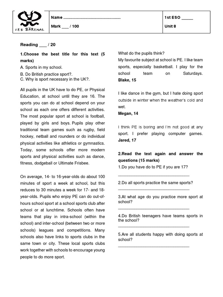 Unit 8 Exam | PDF | Gym | Sports