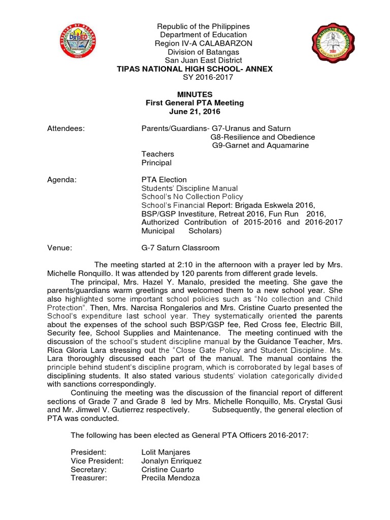 Minutes For RPMS 2016-17 | PDF | Behavior Modification | Schools
