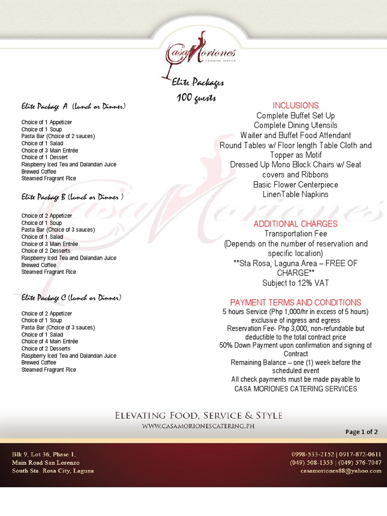 Casa Moriones Elite Packages 100 Guets | PDF | Salad | Food Ingredients
