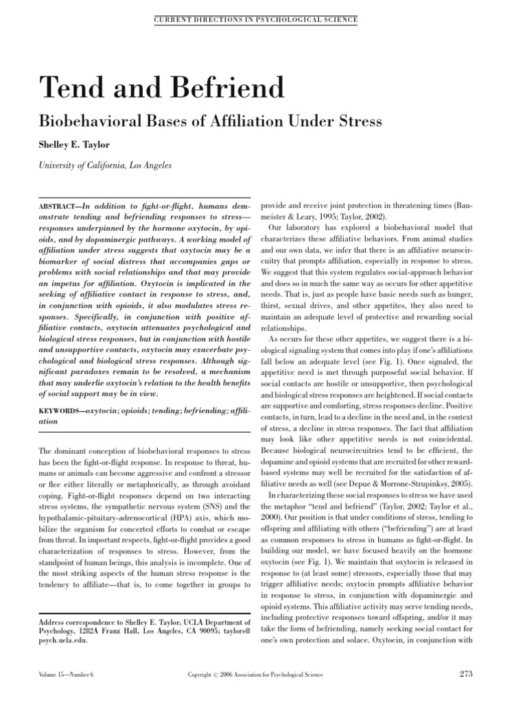 Tend and Befriend: Biobehavioral Bases of Affiliation Under Stress ...