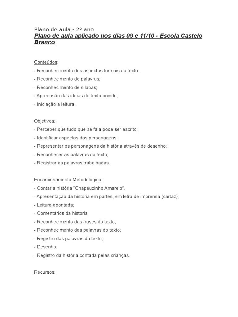 Modelo Plano de Aula 2 Ano | PDF