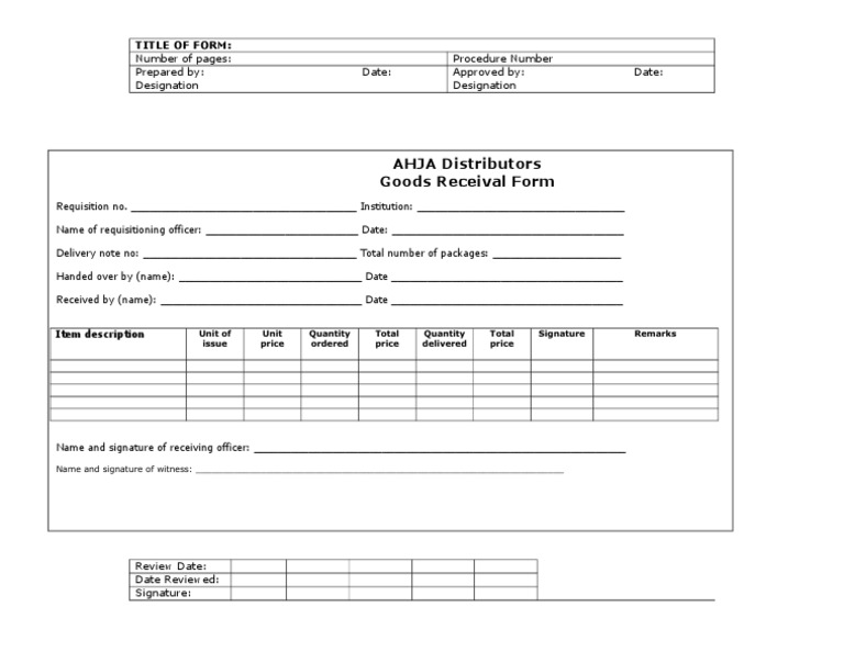 AHJA Distributors Goods Receival Form | PDF