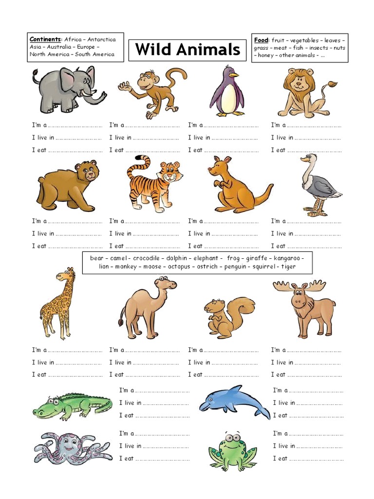 Wild Animals Reading Writing Worksheet Fun Activities Games 1642 | PDF