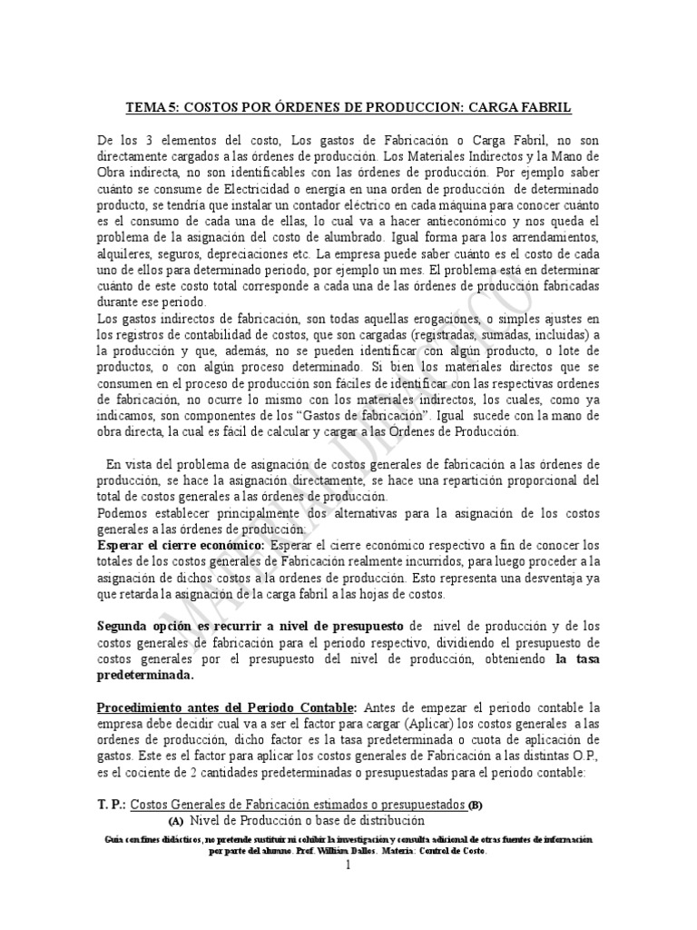 Guia Ordenes Produccion Carga Fabril 5 | PDF | Costo | Presupuesto