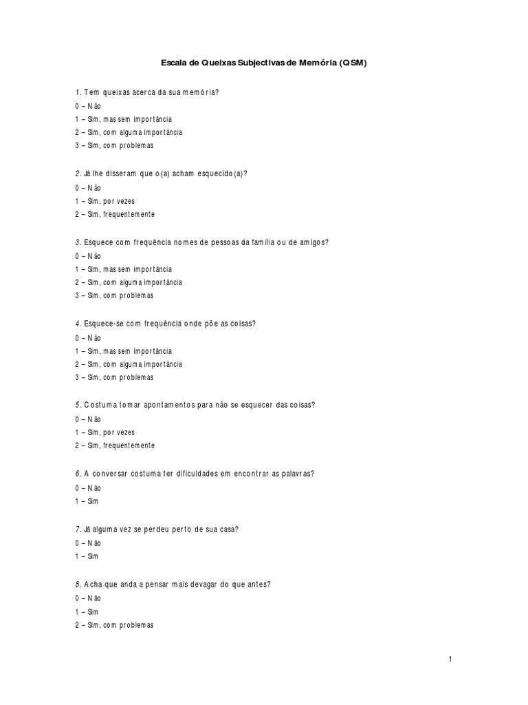 Escala de Queixas Subjetivas de Memória (QSM) PDF | PDF | Autoajuda