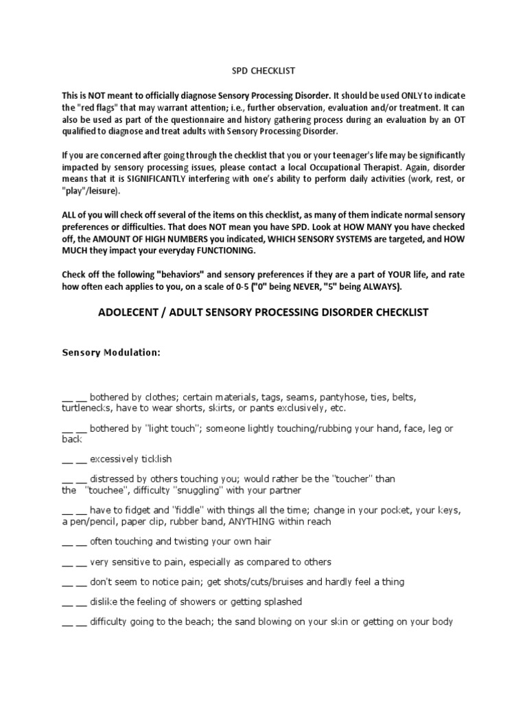 SPD Checklist Adolescent | PDF | Sensory Processing Disorder | Psychology