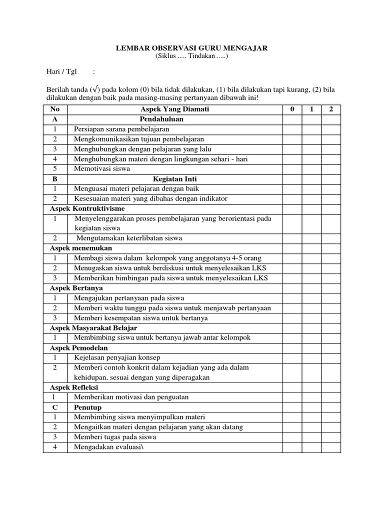 Lembar Observasi Guru Mengajar | PDF