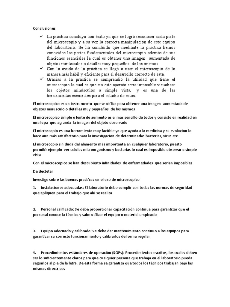 Conclusiones sobre el uso del microscopio | PDF | Microscopio | Óptica