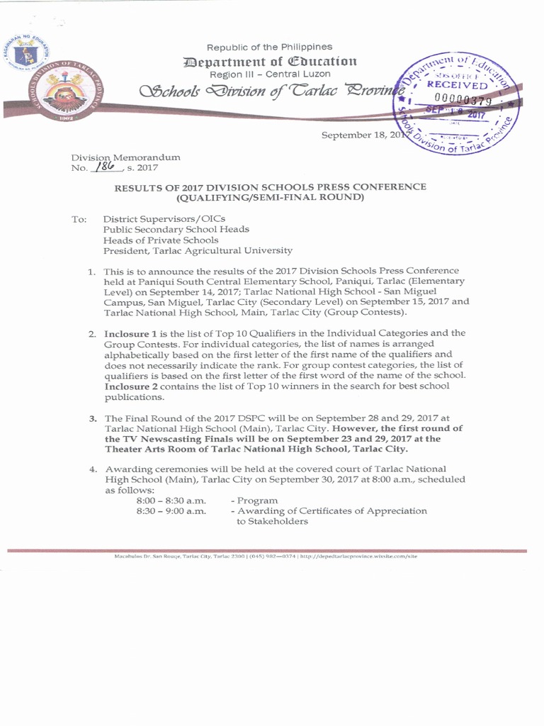 Division Memorandum No. 186, S. 2017 PDF | PDF