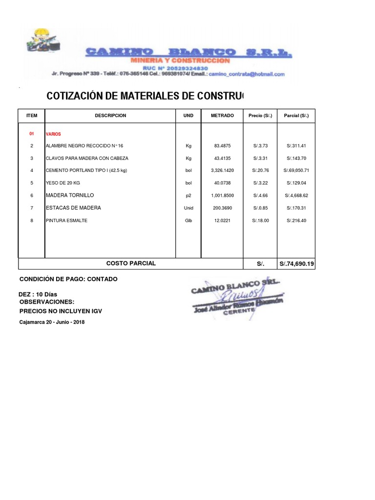 Cotizacion de Materiales de Construcción | PDF