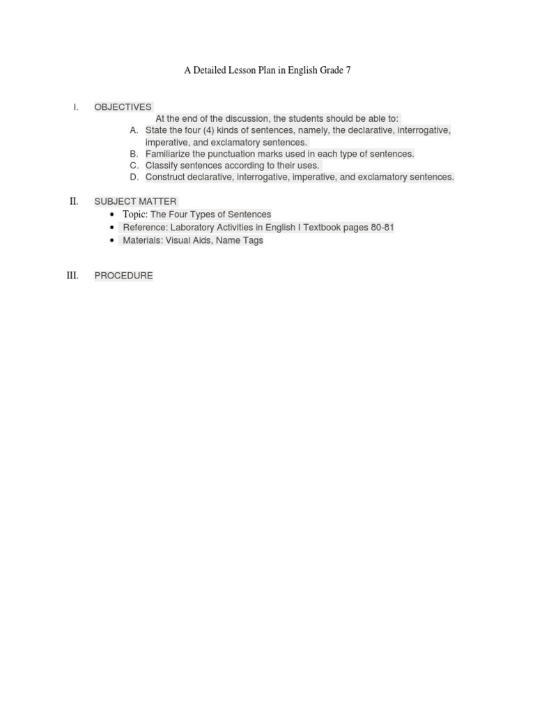 A Detailed Lesson Plan in English Grade 7 | PDF