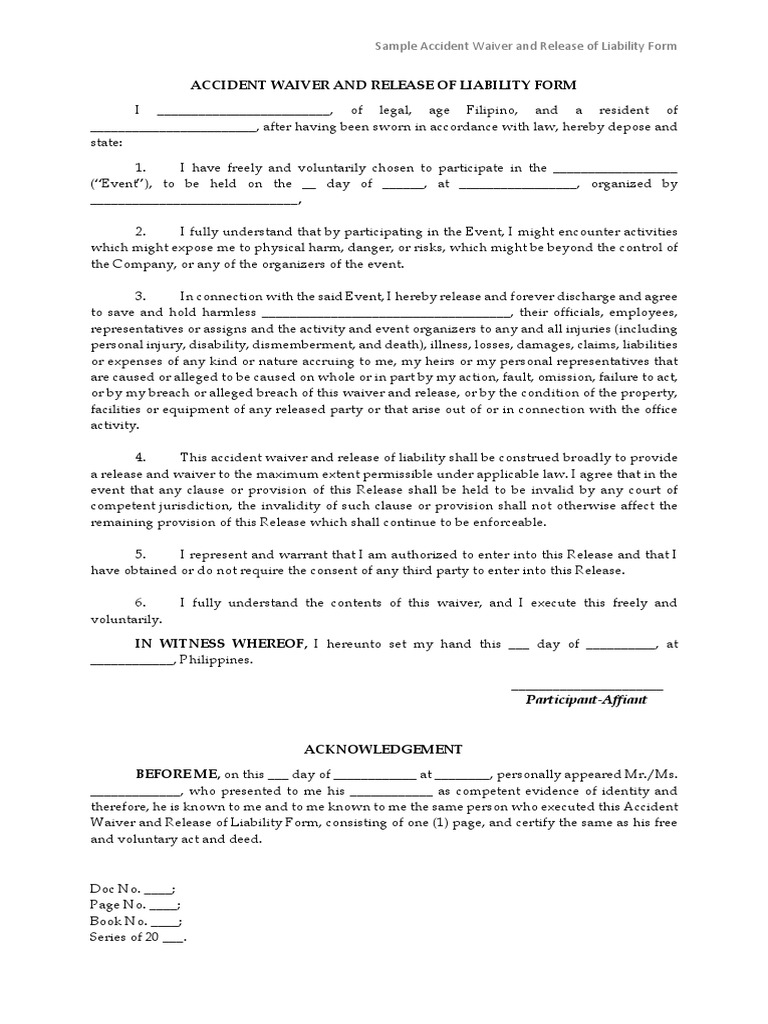 Sample Accident Waiver and Release of Liability Form: Participant ...