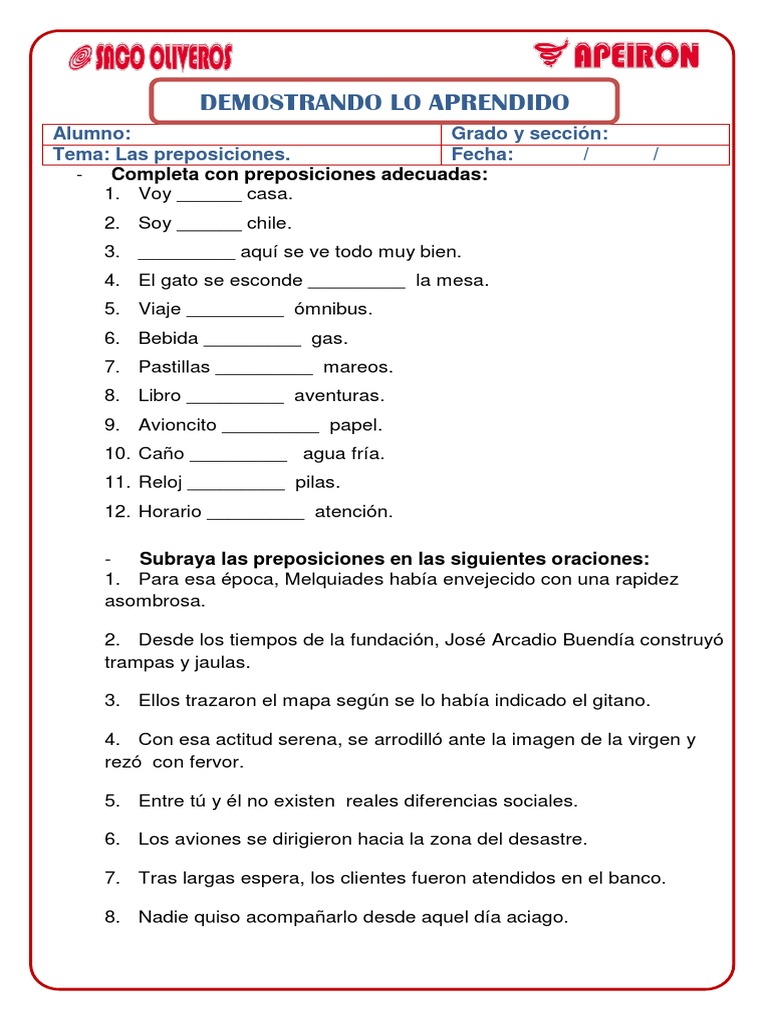Ejercicios de Preposiciones y Conjunciones 5° | PDF