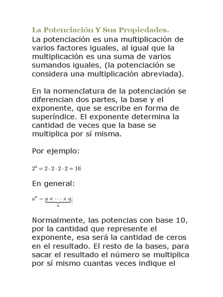 La Potenciación Y Sus Propiedades | PDF | Exponenciación | Multiplicación