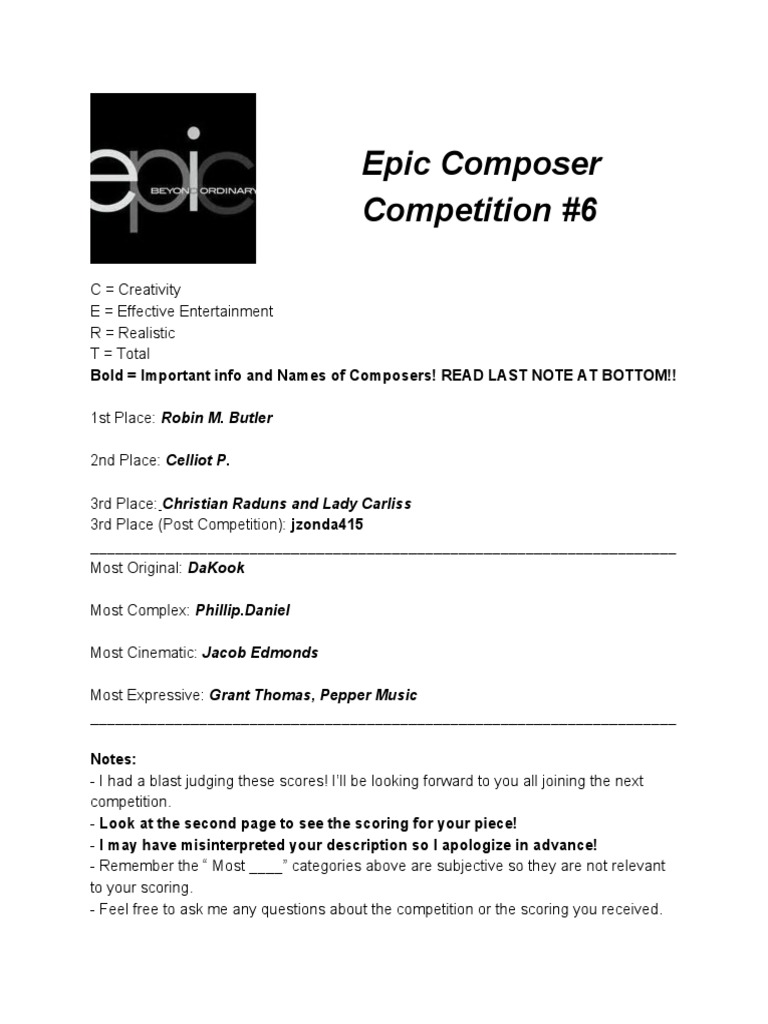 Epic Composer Competition #6: Bold Important Info and Names of ...